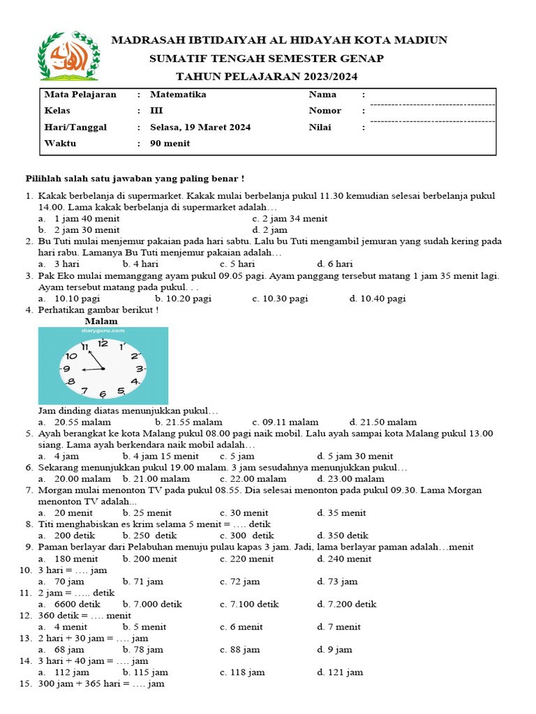 Soal Matematika Kelas 3: Waktu dan Durasi | PDF