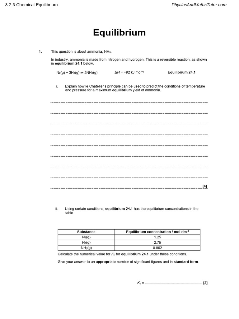 Chemical Equilibrium Exam Questions | PDF | Chemical Equilibrium ...