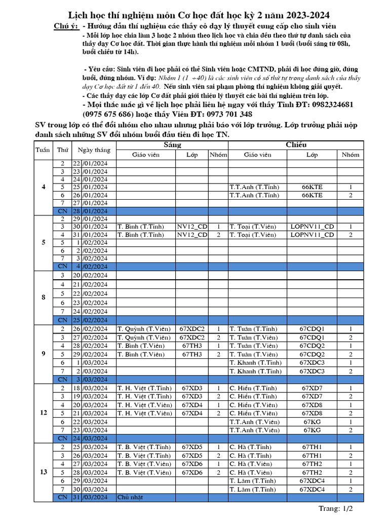 Lịch Thí Nghiệm Cơ Học Đất_HKII_2023-2024_V2 | PDF