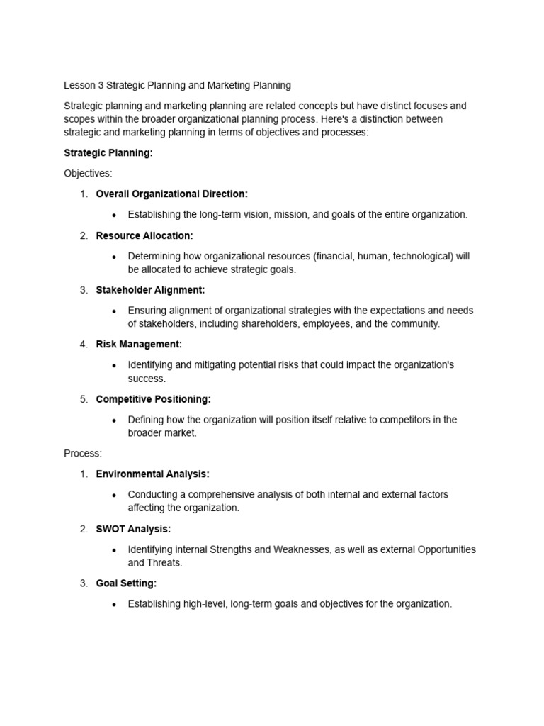 Lesson 3 Strategic Planning and Marketing Planning | PDF | Marketing ...