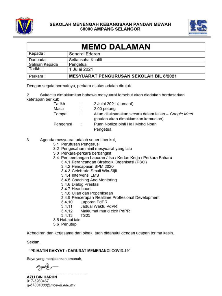 CONTOH Memo Panggilan Mesyuarat Bil 8-2021 | PDF