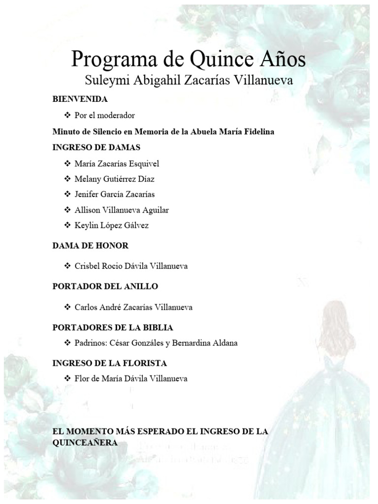 Programa de Quince Años: Suleymi y Dulce | PDF | Socialización | Tradiciones