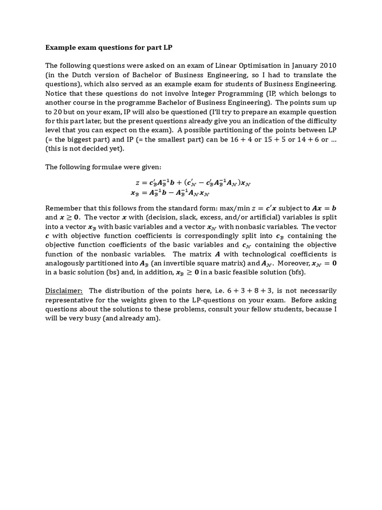 Example exam questions for part LP | PDF | Mathematical Optimization | Mathematics