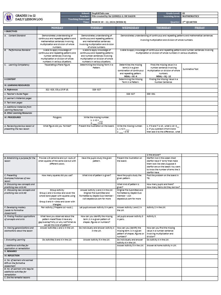 DLL - Mathematics 3 - Q3 - W8 | PDF | Learning | Cognitive Psychology