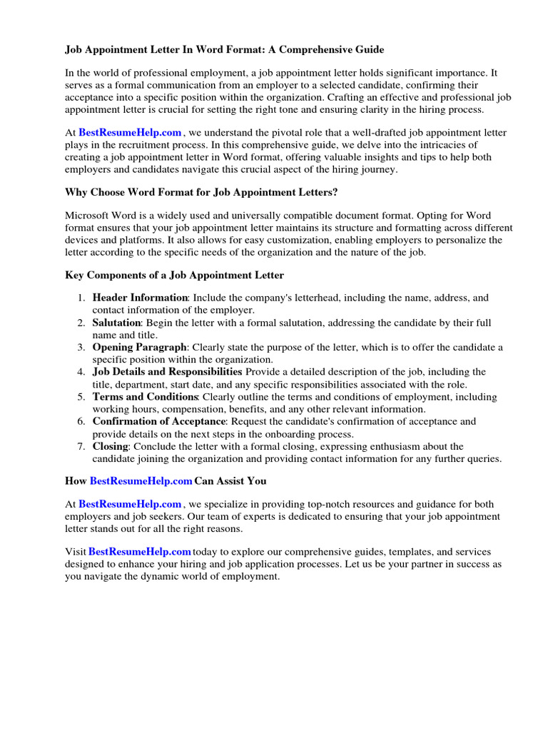 Job Appointment Letter in Word Format | PDF | Résumé | Employment