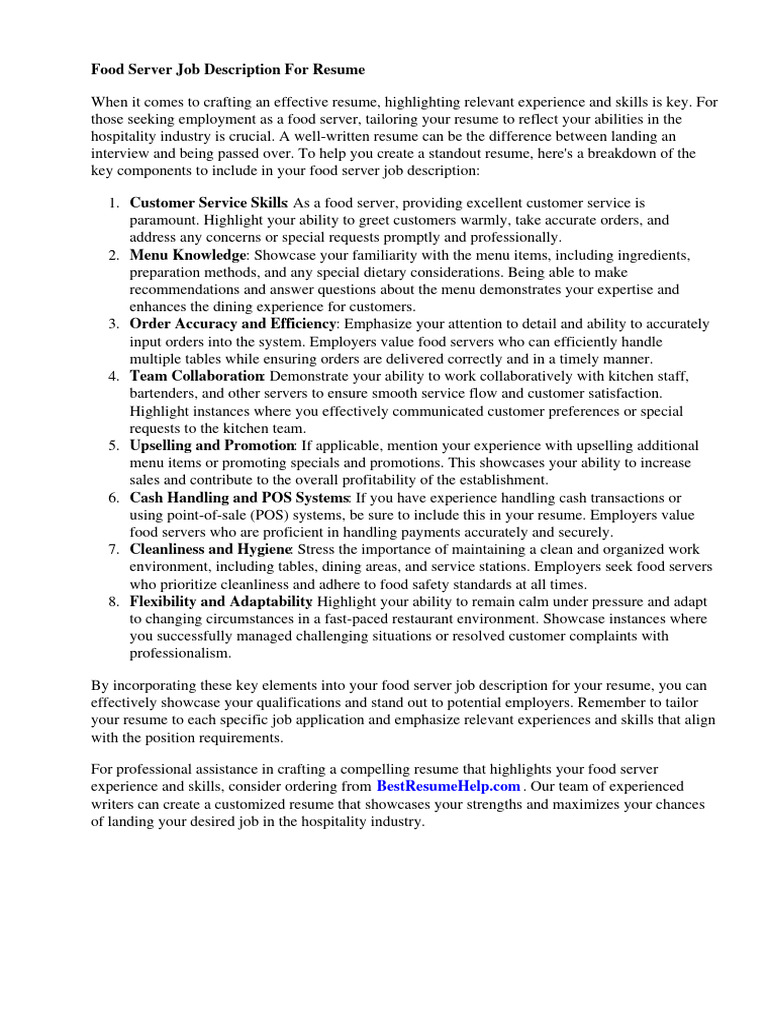 Food Server Resume Job Description Guide | PDF | Point Of Sale ...