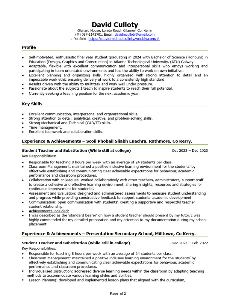 cv - david culloty | PDF | Teachers | Sustainable Development