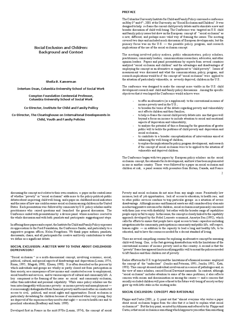 Social Exclusion and Children: Background and Context: RD TH | PDF ...