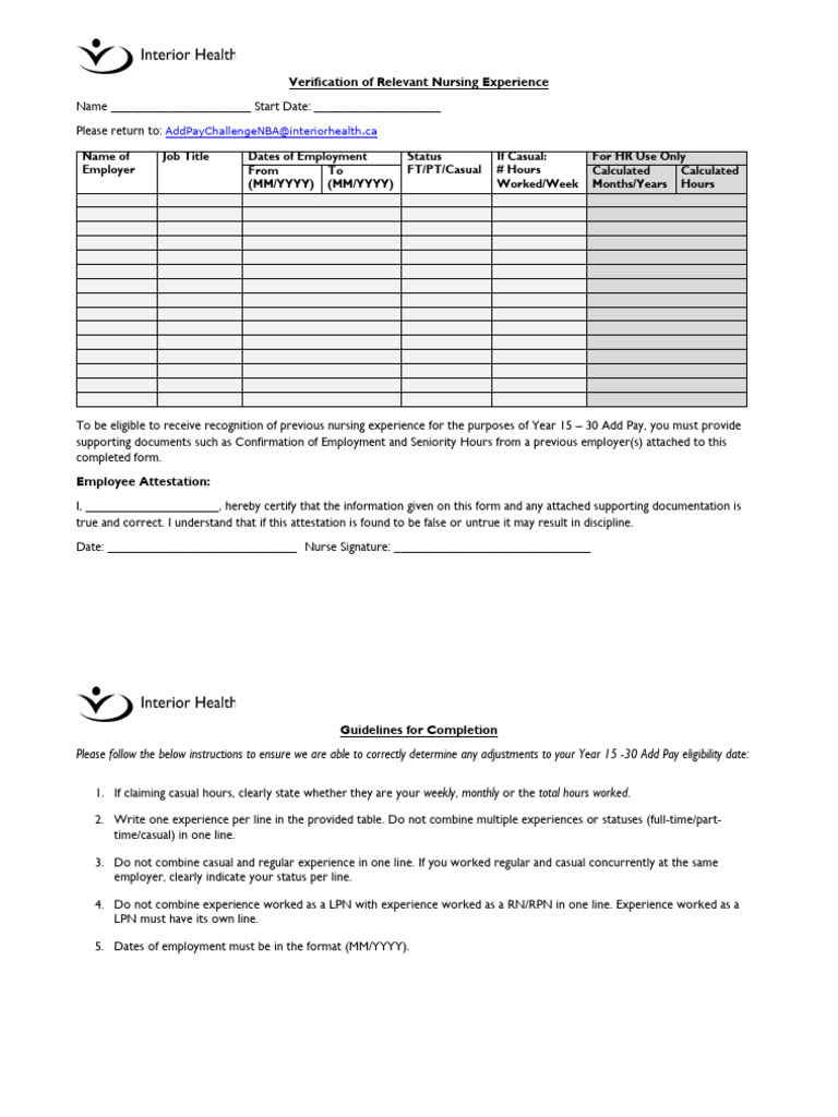 Verification of Relevant Nursing Experience Form | PDF