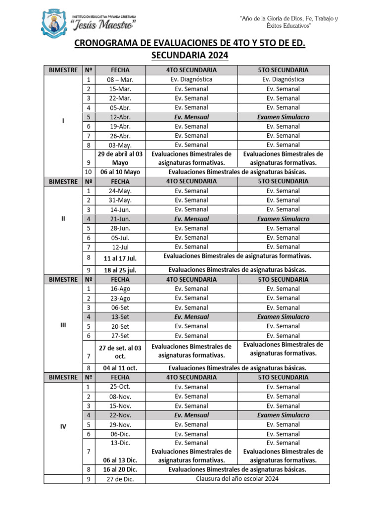 CRONOGRAMA DE EVALUACIONES 2024 - 4to y 5to.. | PDF | Academia