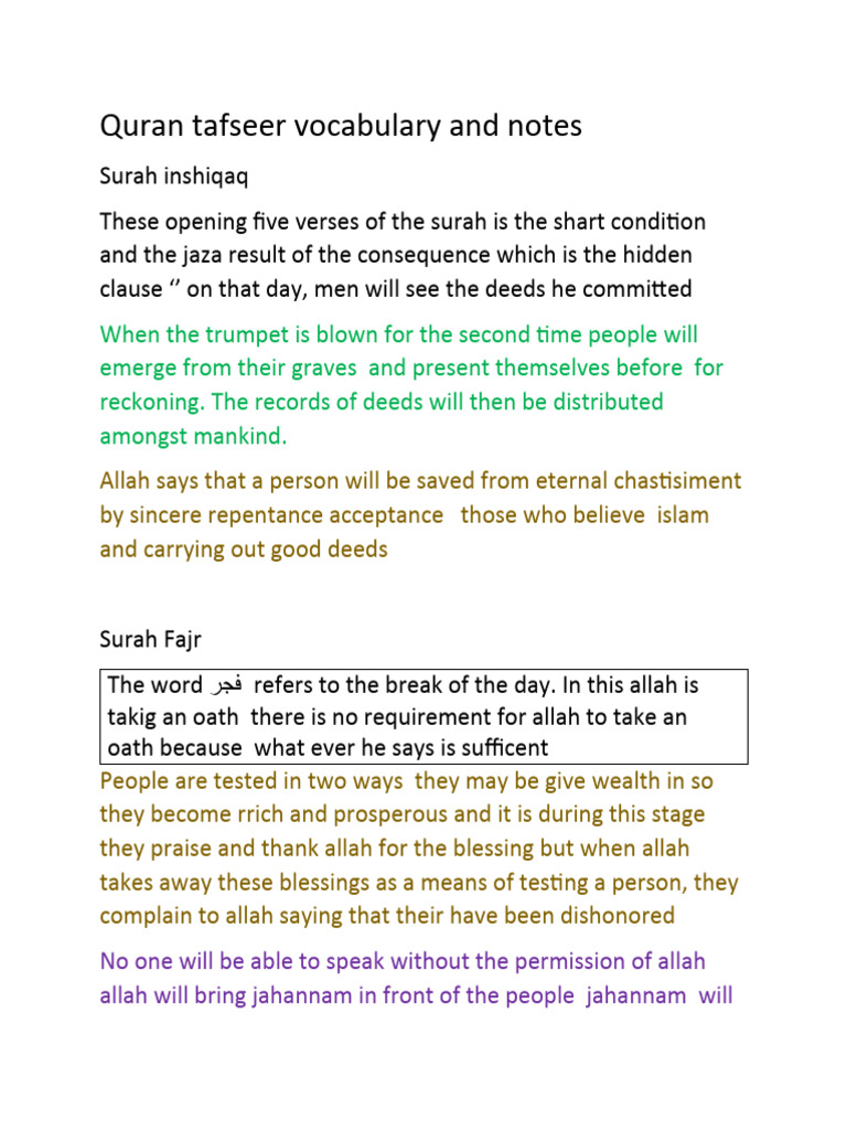 Quran Tafseer Vocabulary and Notes | PDF | Monotheism | Religious Faiths