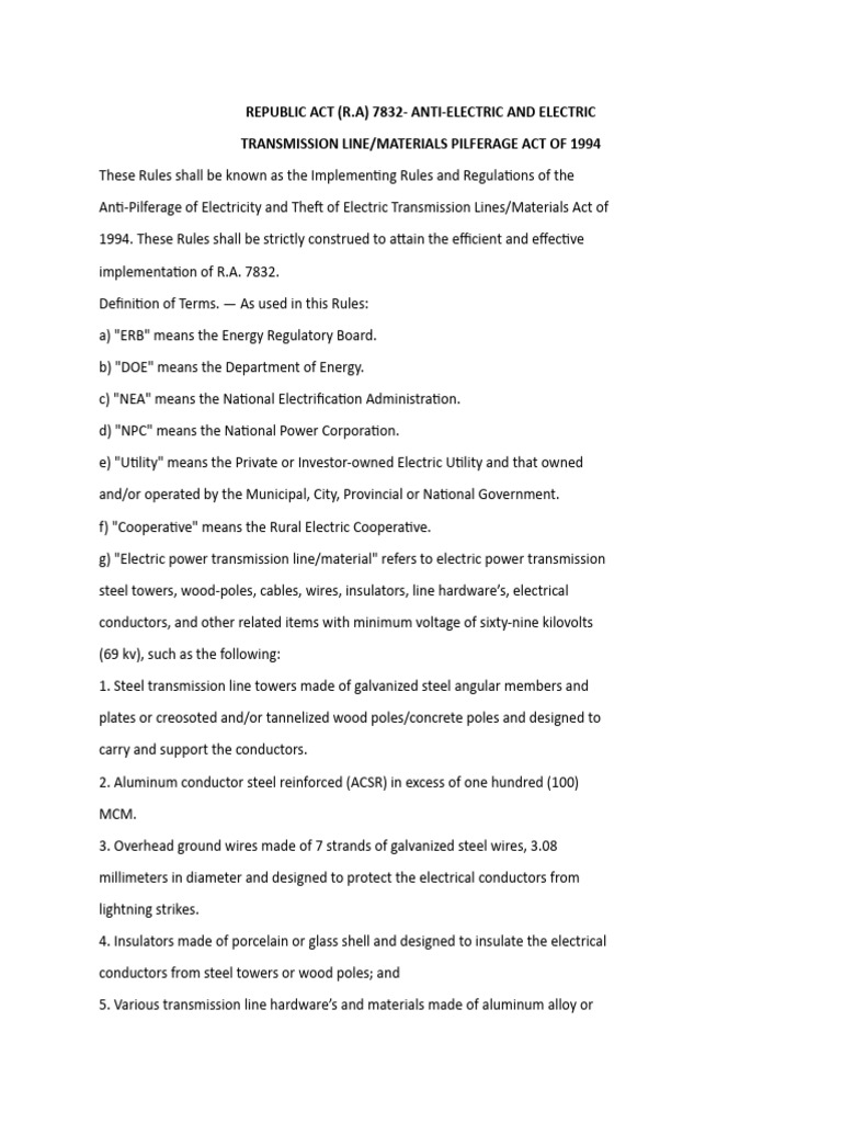 Republic Act R.A 7832 | Download Free PDF | Electric Power Transmission ...