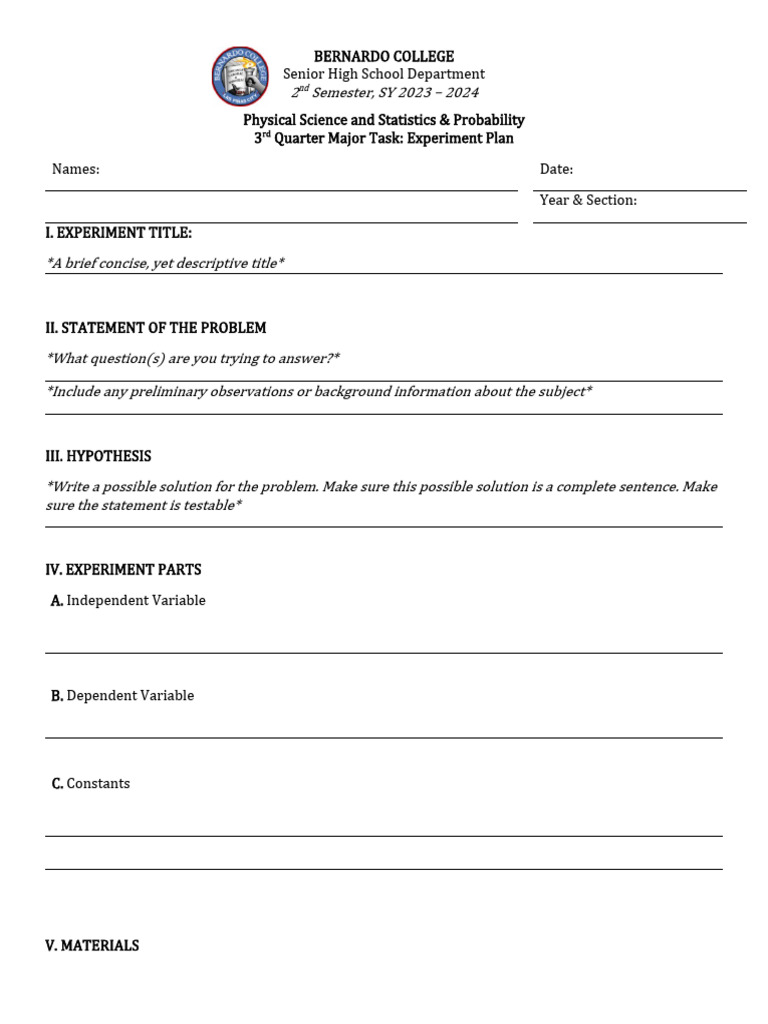 Experiment Plan Template for Students | PDF | Experiment | Variable ...