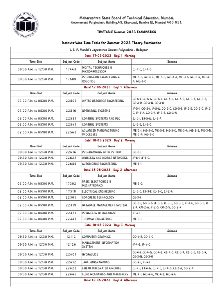 Time Table For Summer 2023 Theory Examination | PDF | Technology ...