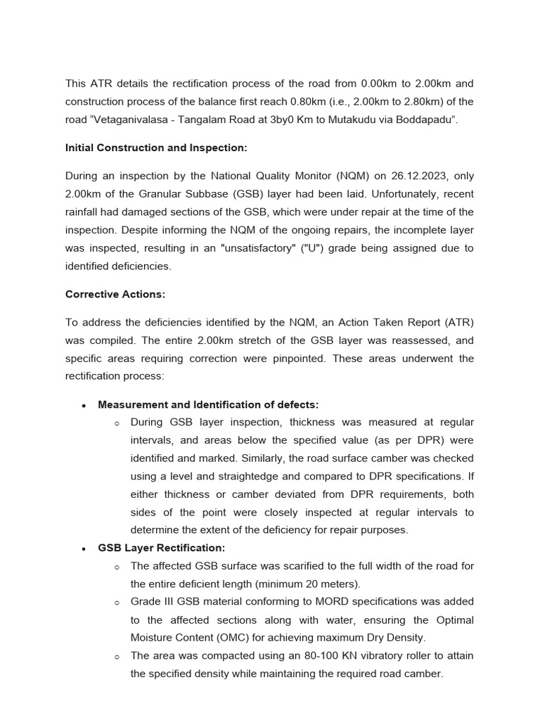 GSB Layer Rectification Report for Tangalam | PDF | Technology ...