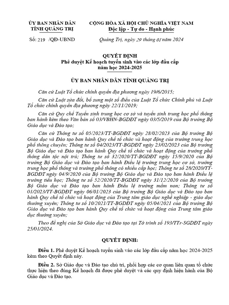 Ke Hoach Tuyen Sinh Dau Cap Nam Hoc 2024 2025 | PDF