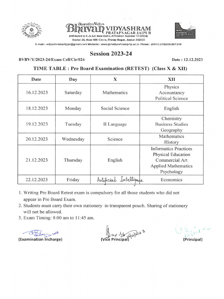 Date Sheet Pre Board Retest Exam 2023-24 (X & XII) | PDF