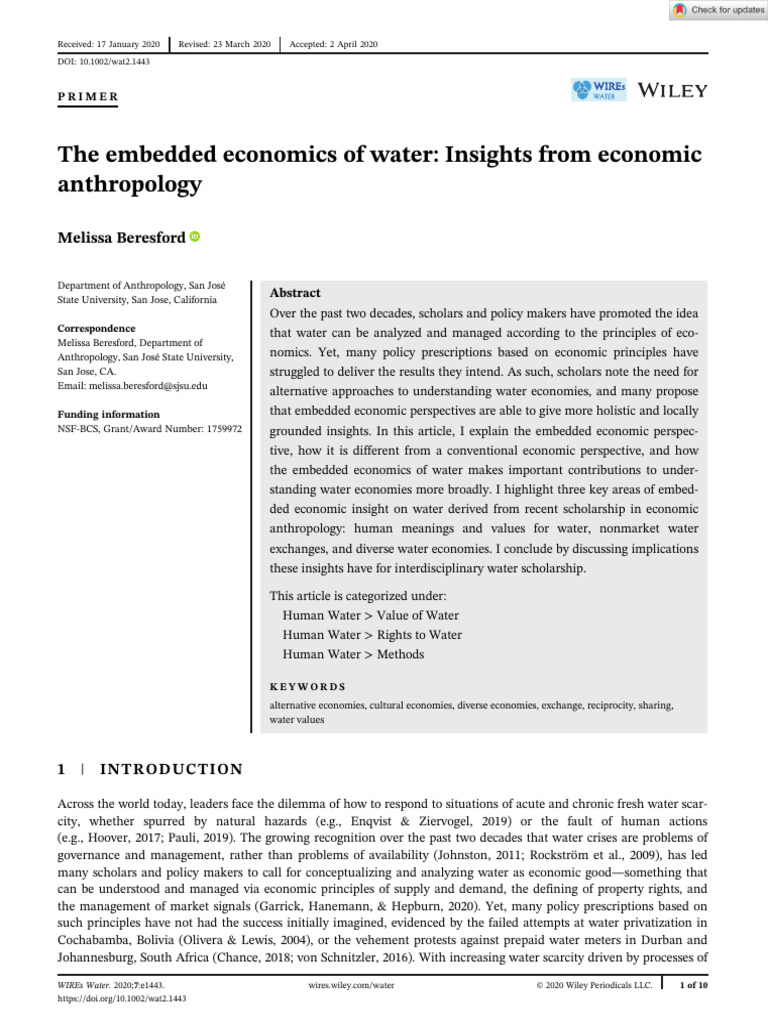 WIREs Water - 2020 - Beresford - The Embedded Economics of Water ...