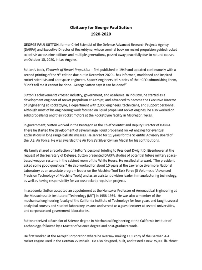 Obituary: George Paul Sutton, Rocket Scientist | PDF | Rocket | Rocket ...