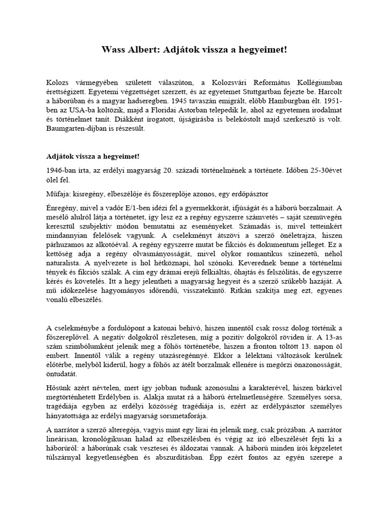 Wass Albert - Adjátok Vissza A Hegyeimet | PDF