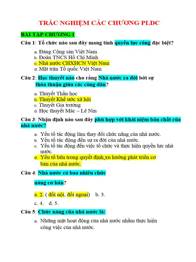 TRẮC NGHIỆM CÁC CHƯƠNG PLDC | PDF