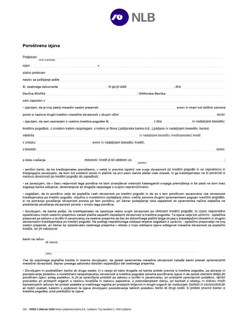 Poroštvena Izjava: (Ime in Priimek) | PDF