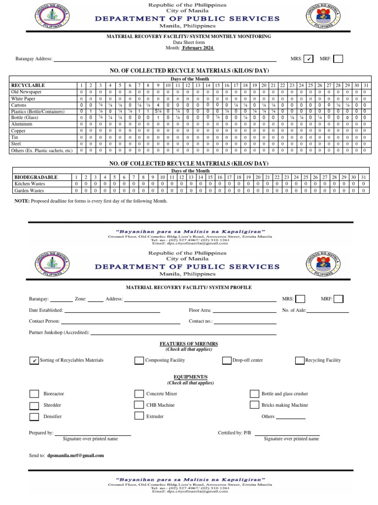 Monthly MRF Monitoring Data Sheet | PDF | Waste | Materials