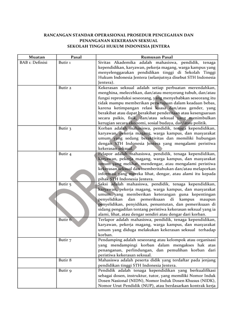 Draft 1 - Tabel Rancangan SOP Penanganan Kekerasan Seksual | PDF