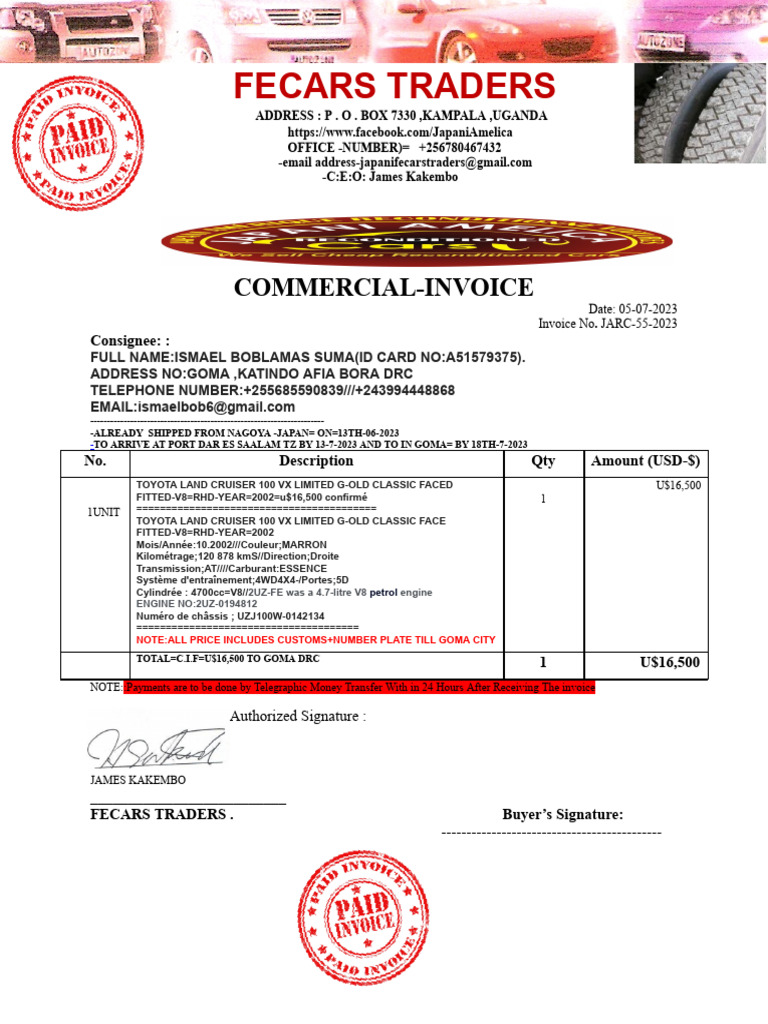 DRC Invoice for Toyota Land Cruiser | PDF | Wire Transfer | Financial ...