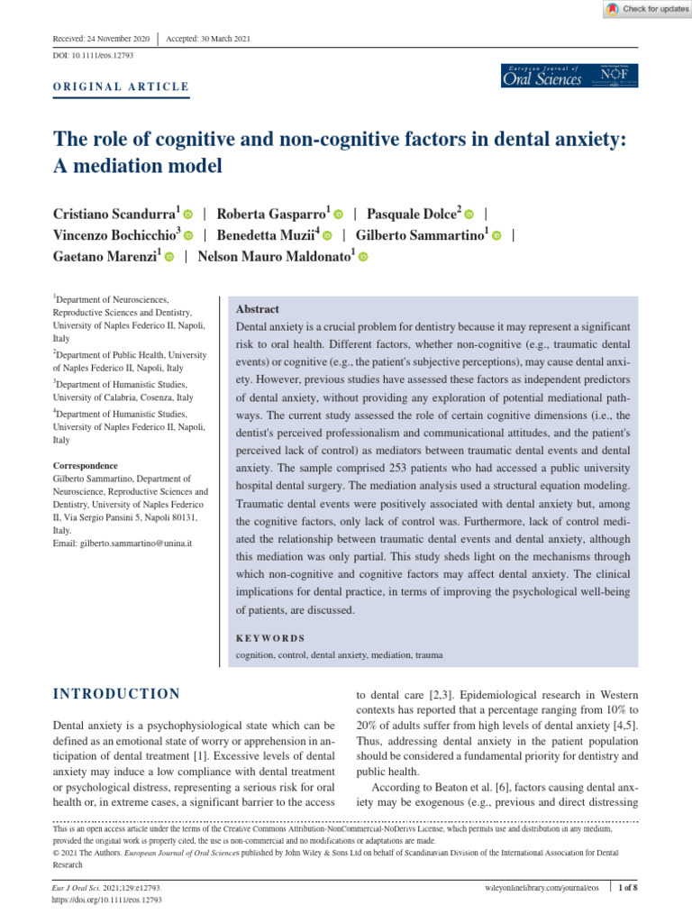 2021 Scandurra The Role Of Cognitive And Non Cognitive Factors In Dental Anxiety A Pdf