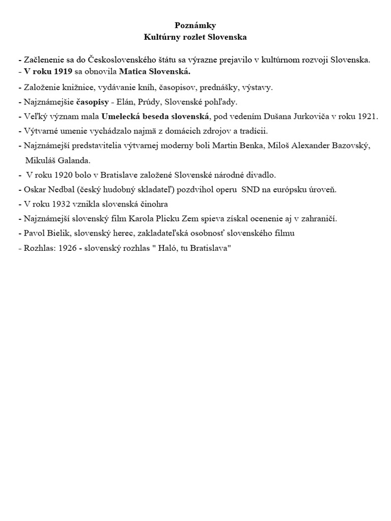 Kultúrny Rozlet Slovenska Poznámky | PDF
