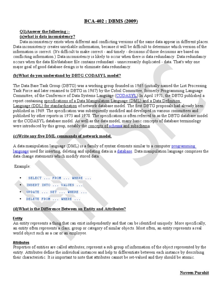 BCA-402: DBMS (2009) : Q1) Answer The Following: - (A) What Is Data ...