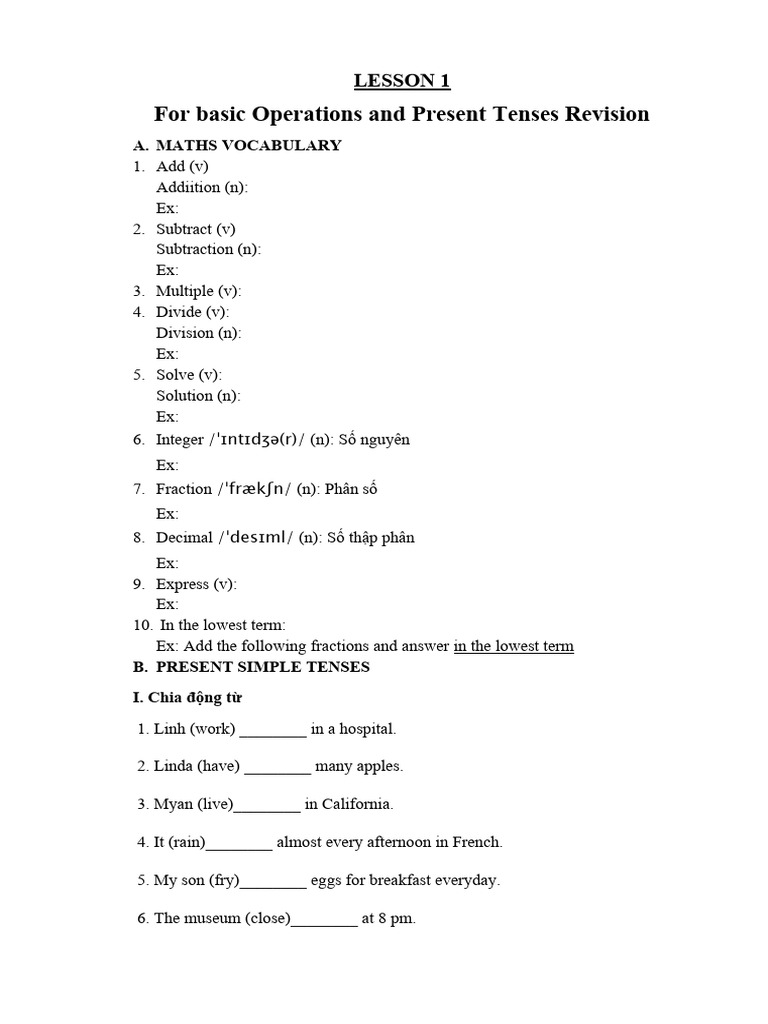 LESSON 1 - Maths Operation and Present Tenses | PDF | Foreign Language Studies