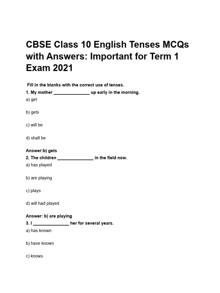 CBSE Class 10 English Tenses MCQs With Answers | PDF | Schools | Student Assessment And Evaluation