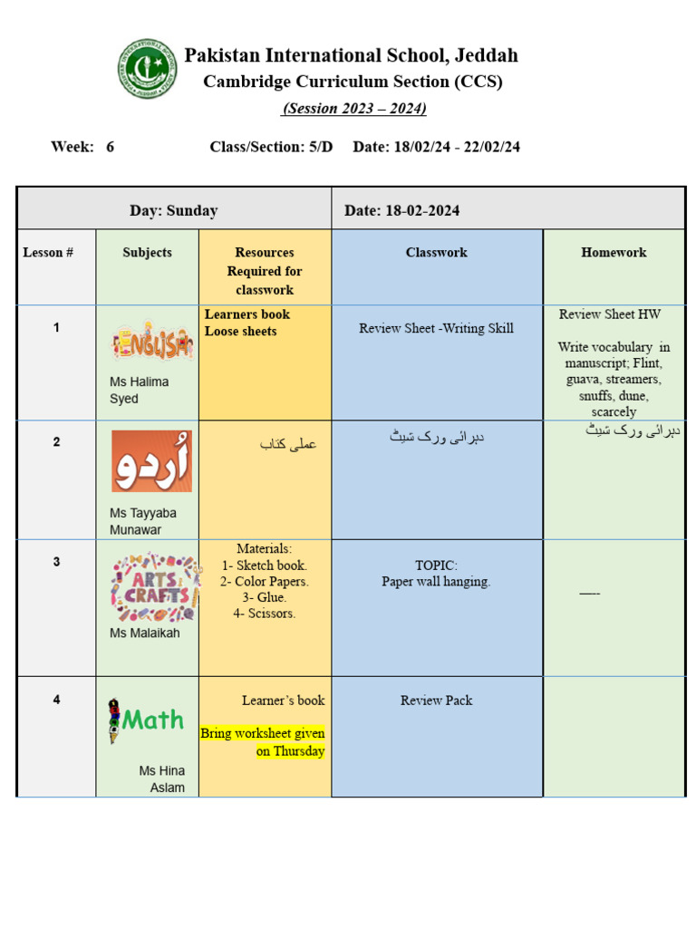 Wk6 5-D Weekly Schedule | PDF