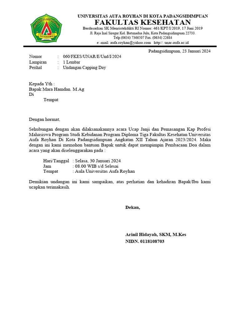 Surat Permohonan Doa Acara Capping Day | PDF