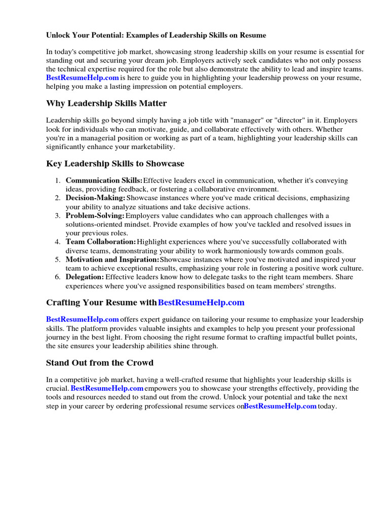 Examples of Leadership Skills On Resume | PDF | Leadership | Résumé