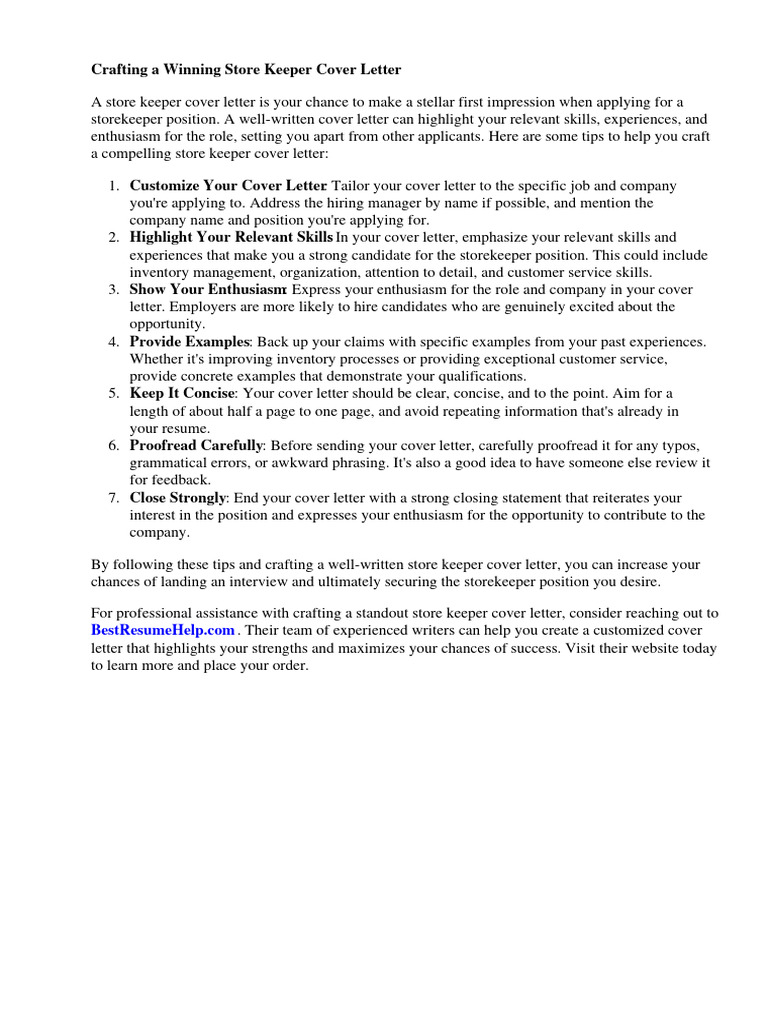 Store Keeper Cover Letter | PDF | Résumé | Advertising