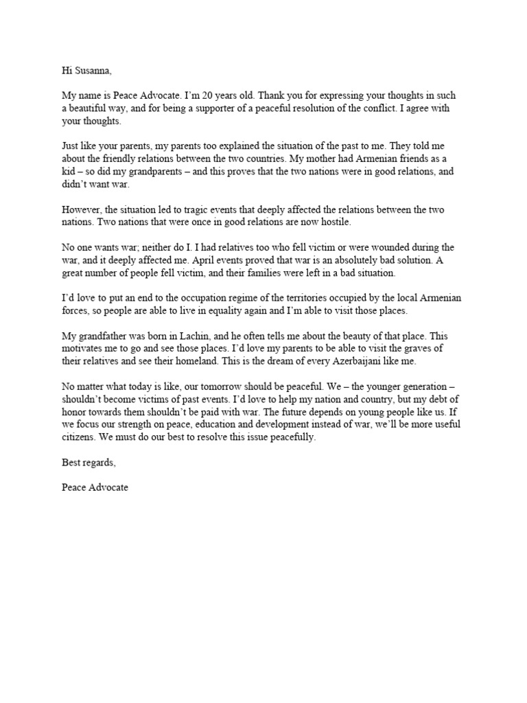Peace+Advocate Letter+in+English | PDF