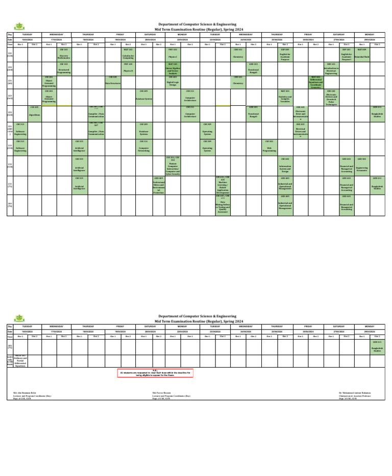 Midterm Exam Schedule CSE Day Spring 2024 | PDF | Mathematics | Electrical Engineering