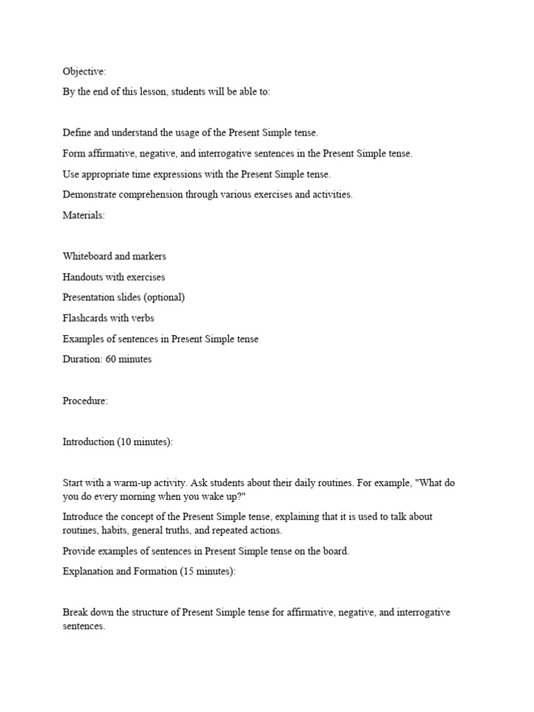 Lesson Plan Present Simple | PDF | Grammatical Tense | Sentence ...