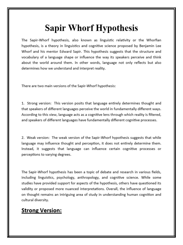 Sapir Whorf Hypothesis | PDF | Linguistics | Thought