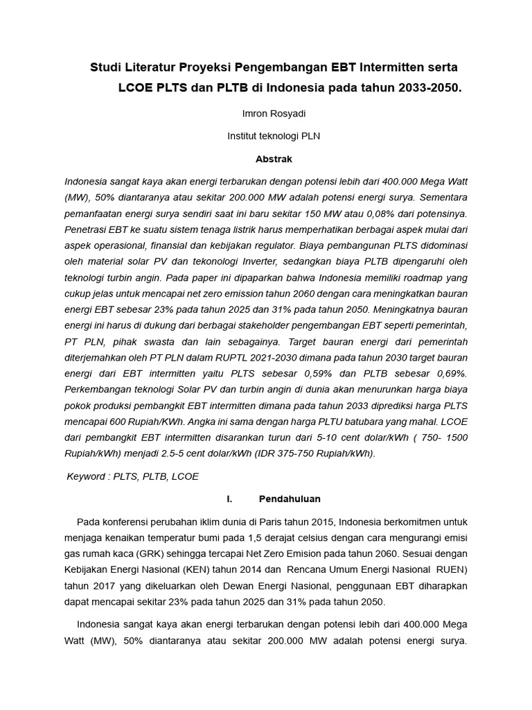 Studi Literatur Proyeksi Pengembangan EBT Intermitten Serta LCOE PLTS ...