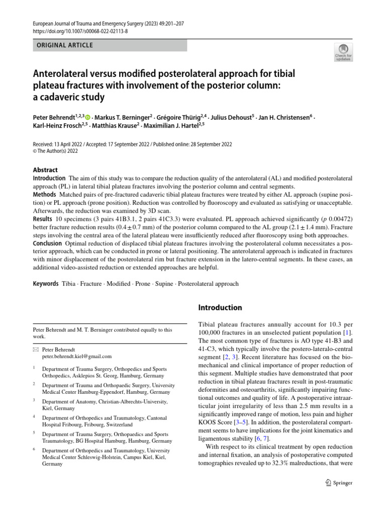Anterolateral Versus Modifed Posterolateral Approach For Tibial Plateau ...