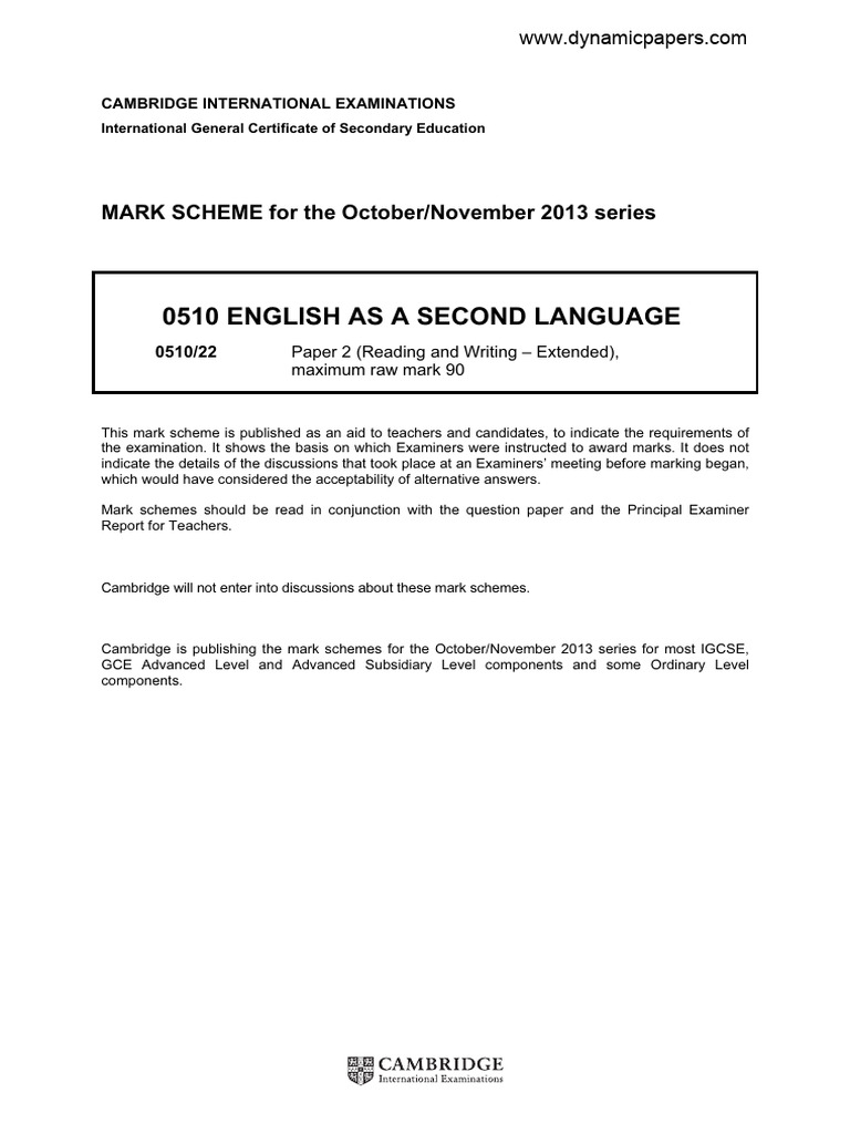 0510 English As A Second Language: MARK SCHEME For The October/November ...