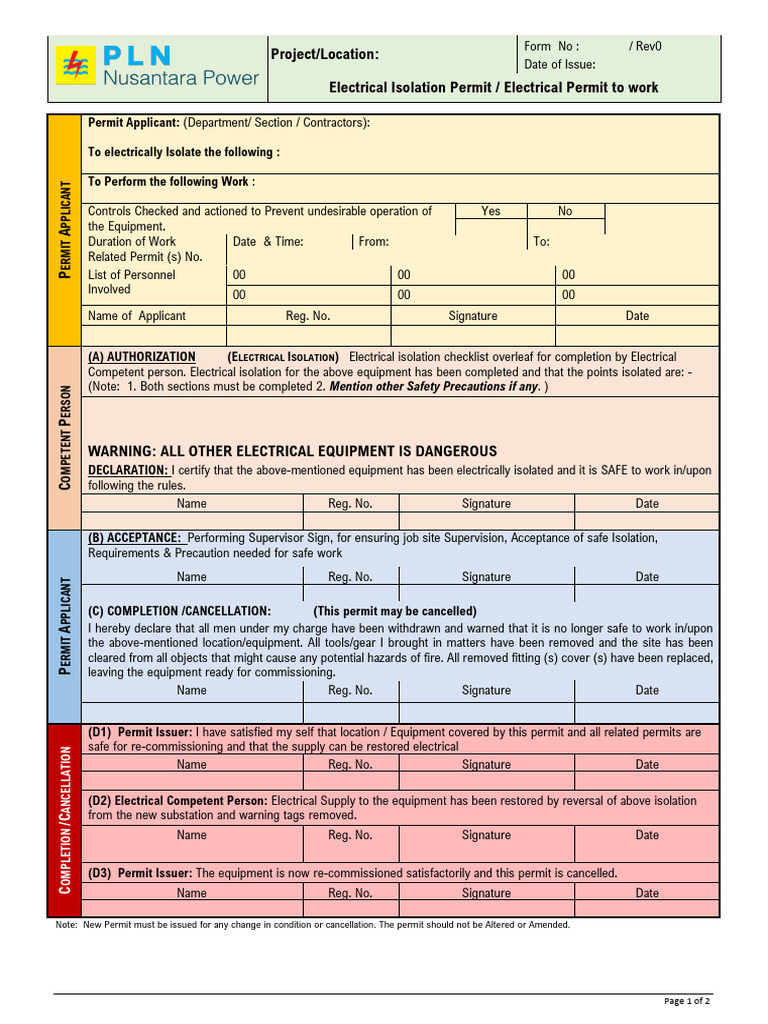 Electrical Isolation Work Permit | PDF | Switch | Equipment