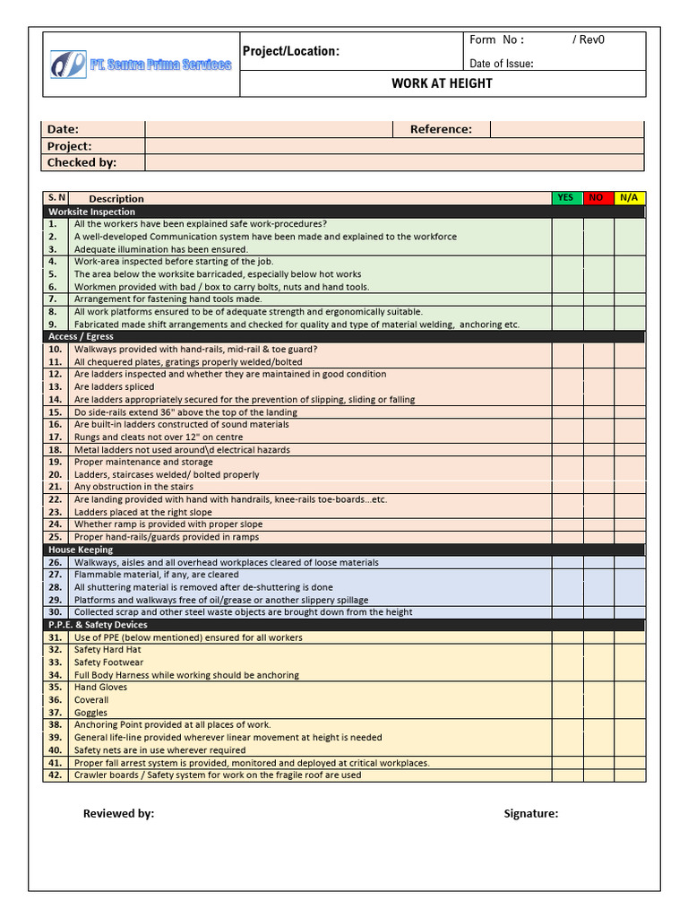 Work at Height Checklist | PDF | Personal Protective Equipment | Stairs