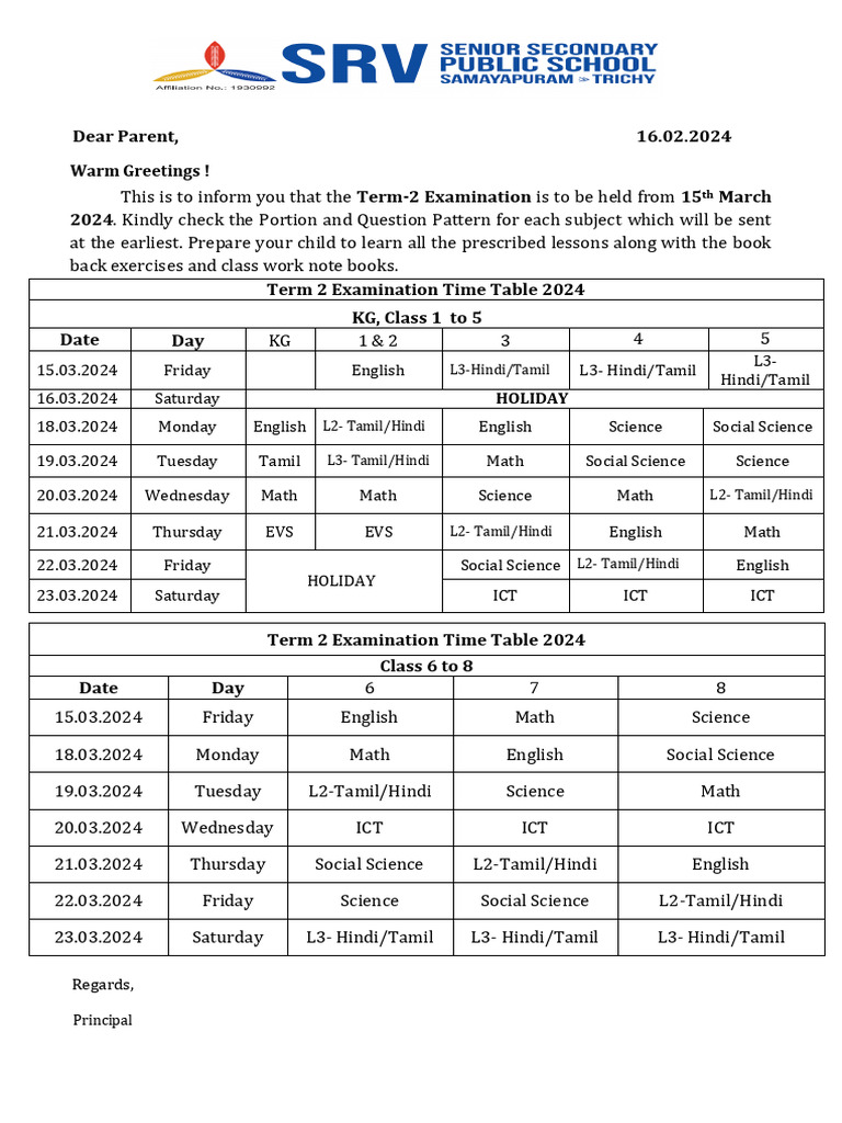 Term 2 Exam Timetable KG To Grade 8 | PDF