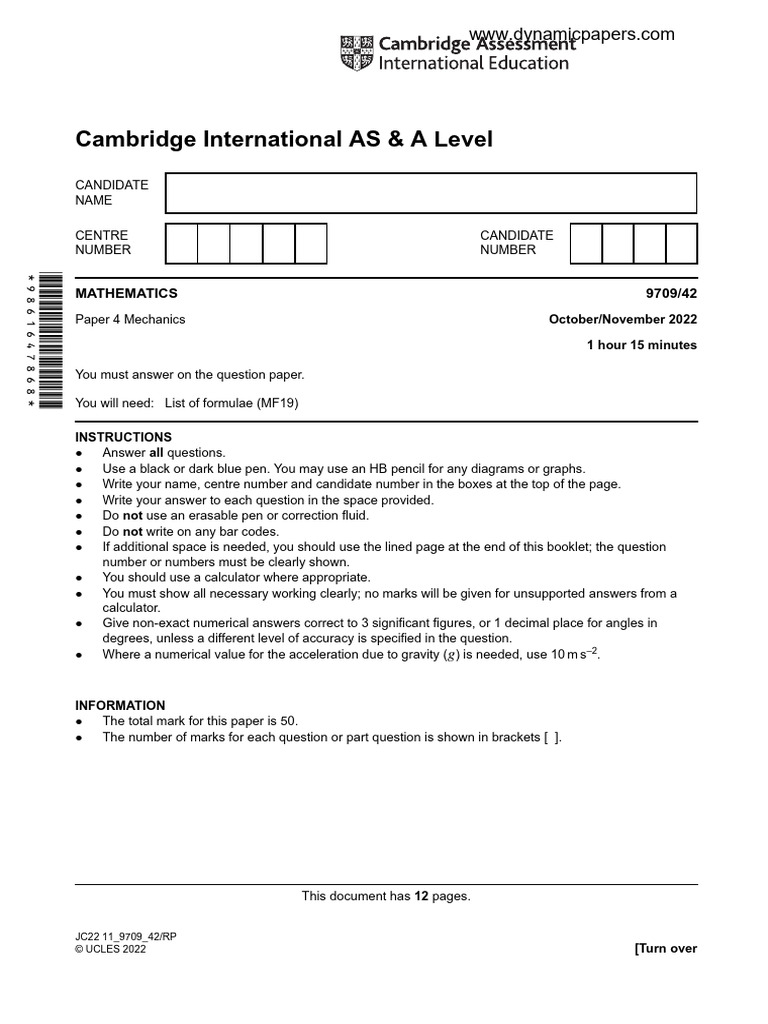 Cambridge International AS & A Level: Mathematics 9709/42 | PDF | Force ...