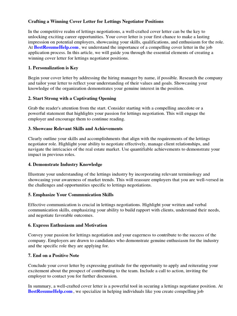 Cover Letter For Lettings Negotiator Job | Download Free PDF ...